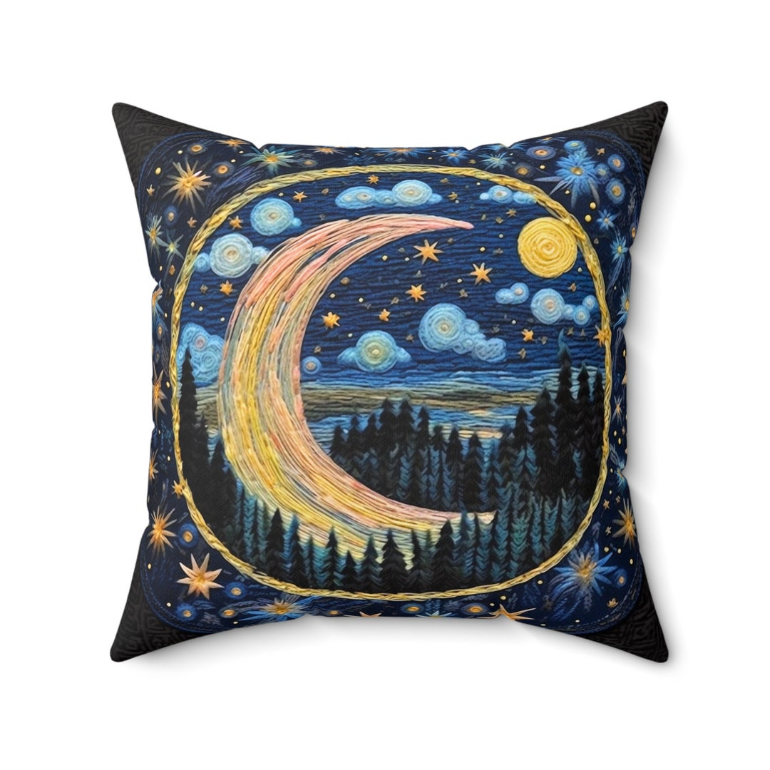Moon and Stars Pillow, FAUX EMBROIDERED LOOK, Celestial Decor, William ...