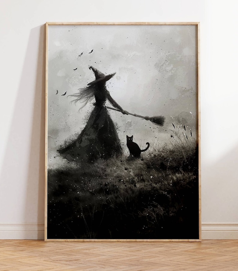Witch and Black Cat Print, Dark Academia, Halloween Print, Vintage ...