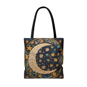 Moon and Stars Tote Bag, FAUX EMBROIDERED LOOK, Boho Tote Bag ...