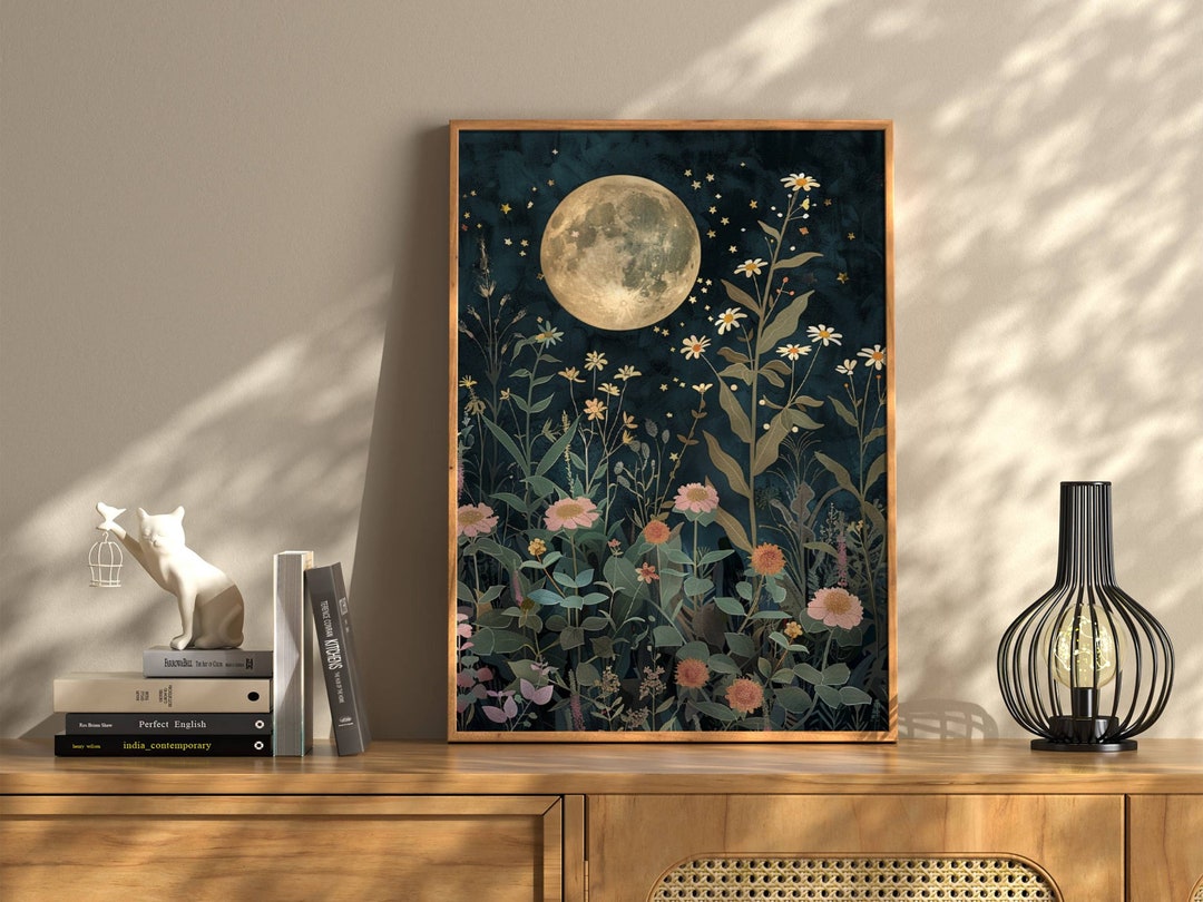 Moon and Flowers Print, Floral Moon Wall Art, Vintage Moon Print ...