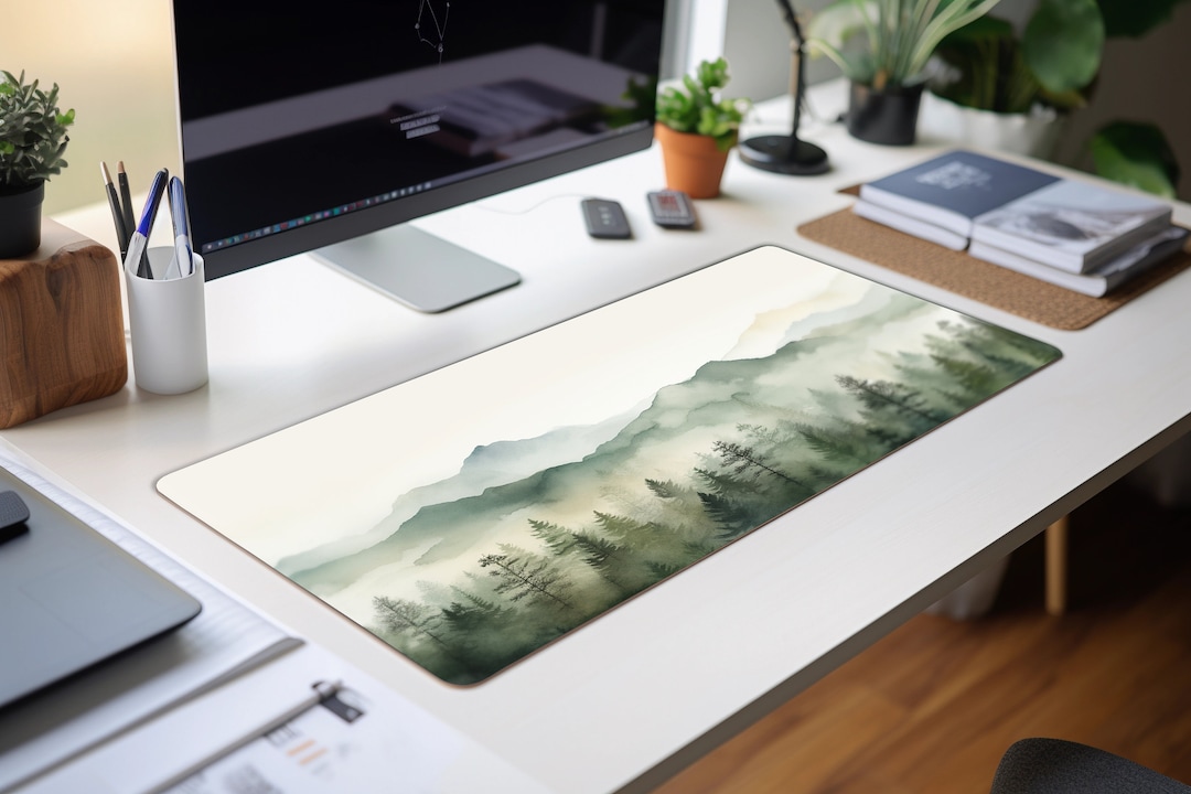 Desk Mat, Sage Green Landscape Green Mountains and Pine Trees ...