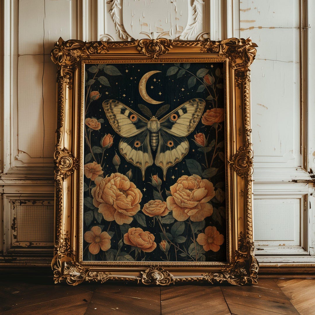Roses Prints, Roses Art, Moth Wall Decor, Moth and Moon, Rose Wall Art ...