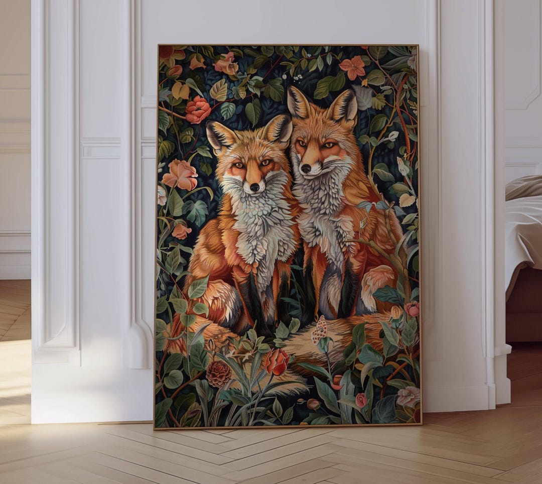 Vintage Fox Print, Fox Wall Art, Floral Wall Art, Woodland Animals, Fox ...