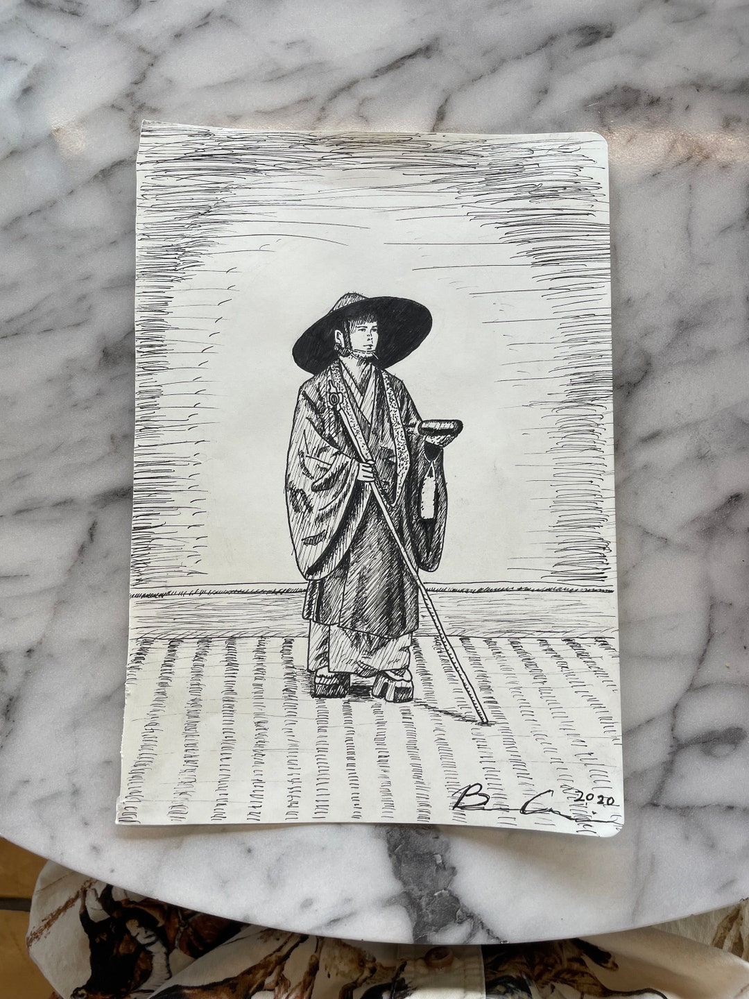 Mendicant Monk With Staff Pen Drawing - Etsy