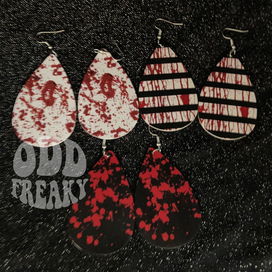 Creepy Blood Splatter Printed Faux Leather Teardrop Earrings Different ...