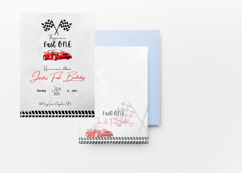 FAST ONE First Birthday Party Invitation Template Double Sided Editable ...