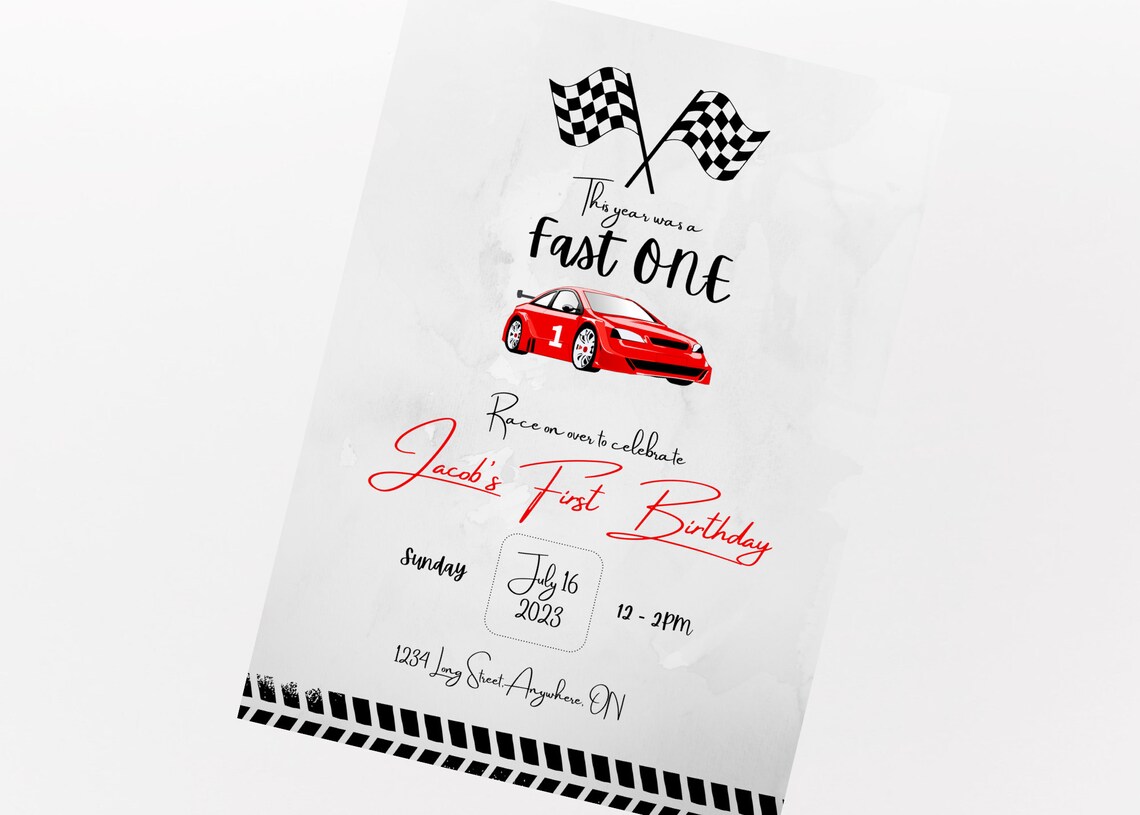 FAST ONE First Birthday Party Invitation Template Double Sided Editable ...