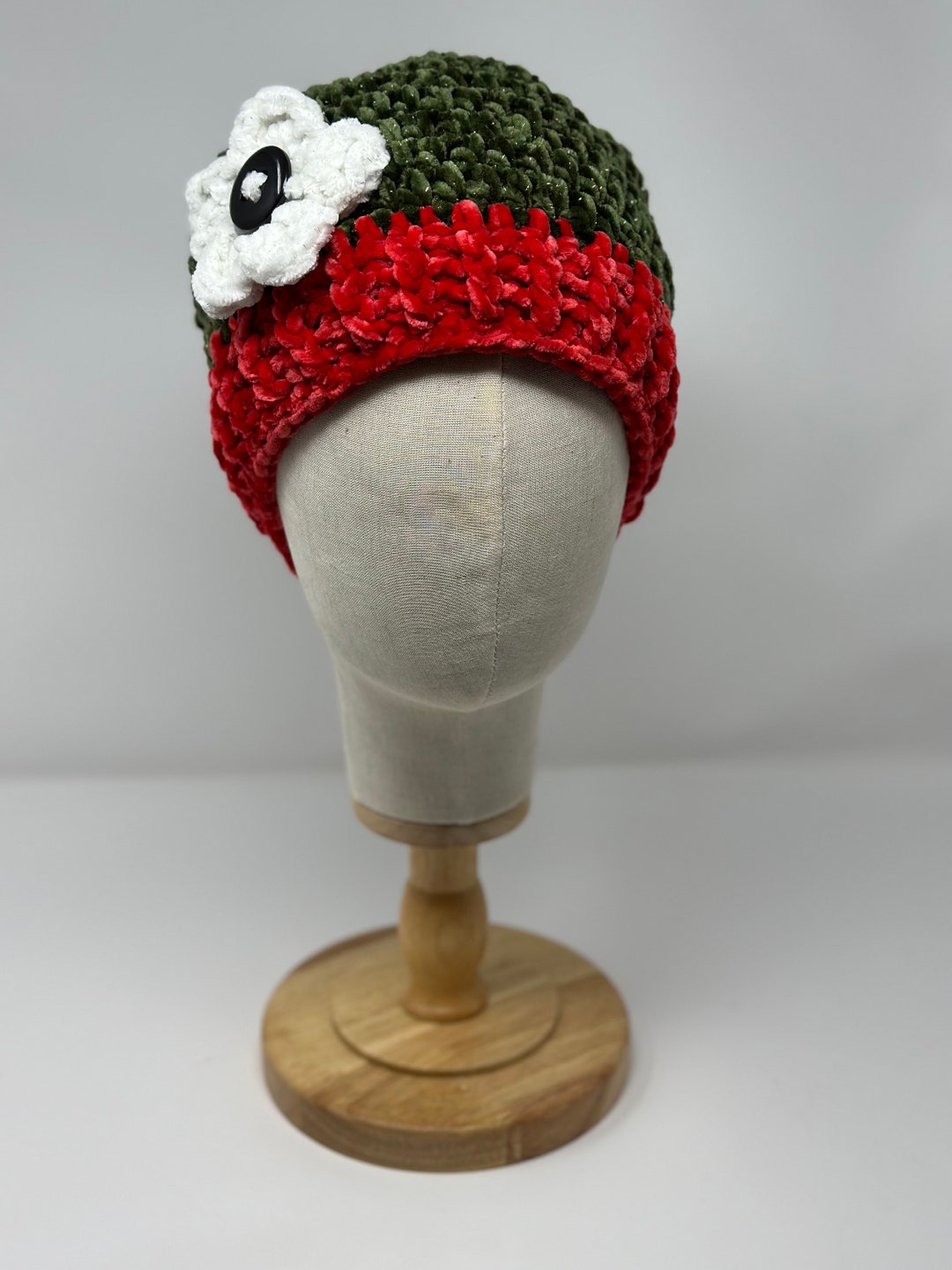 Red and Green Christmas Winter Hat With Flower, Large - Etsy