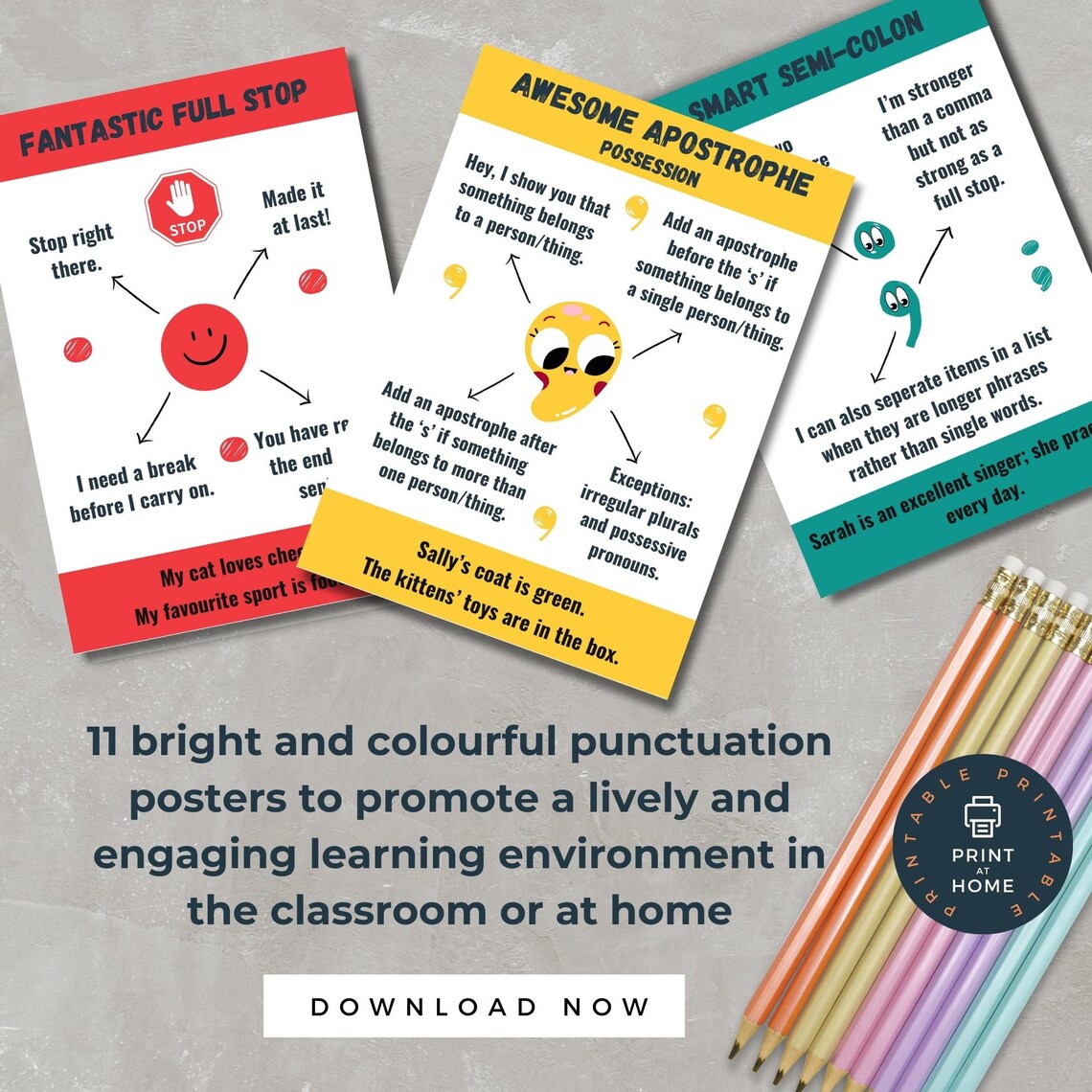 Educational Punctuation Display Poster Set Bright and Colourful for ...