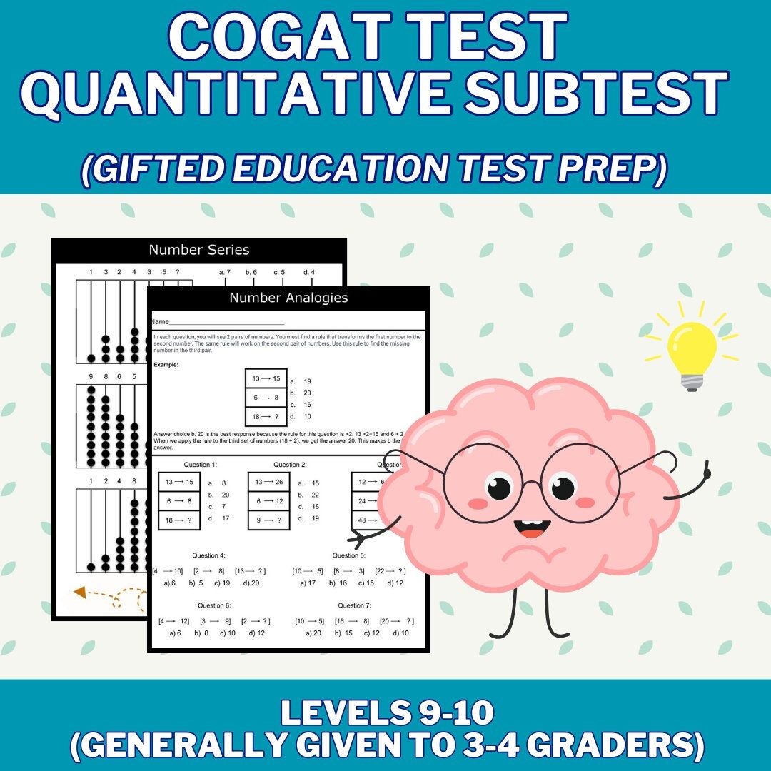 Cogat Test Quantitative Subtest (levels 9-10) 3rd/4th Grade Gifted ...