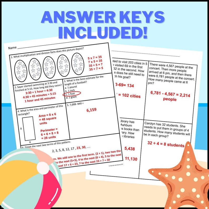 Third Grade Summer Math Review Pack (3rd Graders Moving to 4th ...
