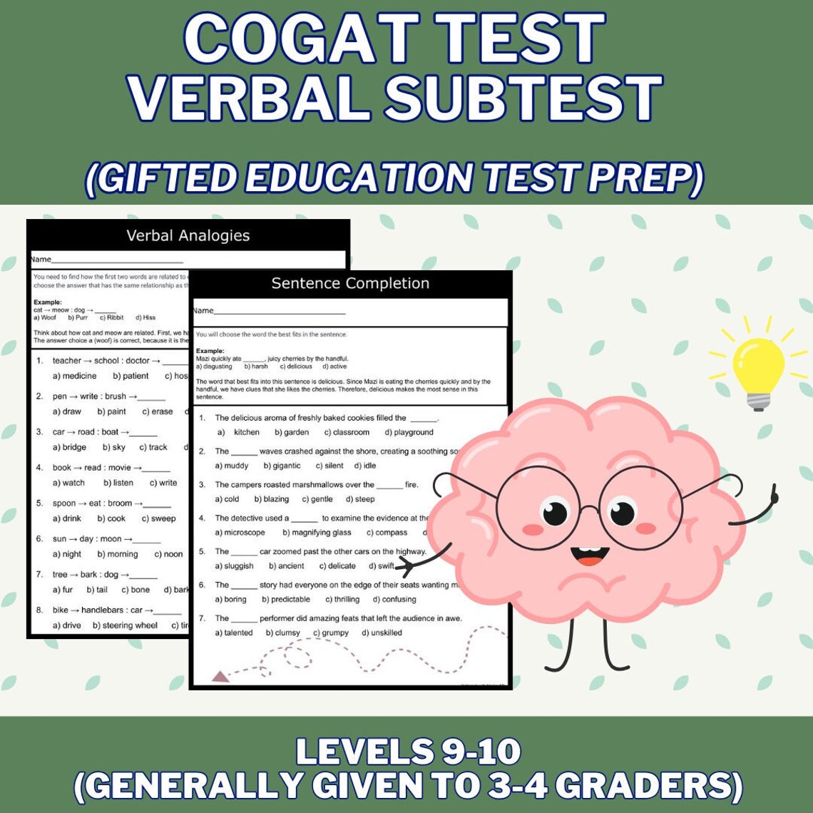 Cogat Test Verbal Subtest (ages 9-10) 2nd/3rd Grade Practice (gifted ...