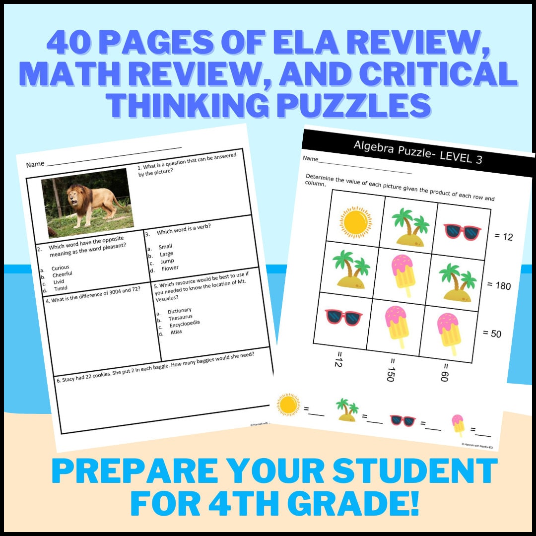 Third Grade Summer Activity Review Pack (3rd Graders Moving to 4th ...