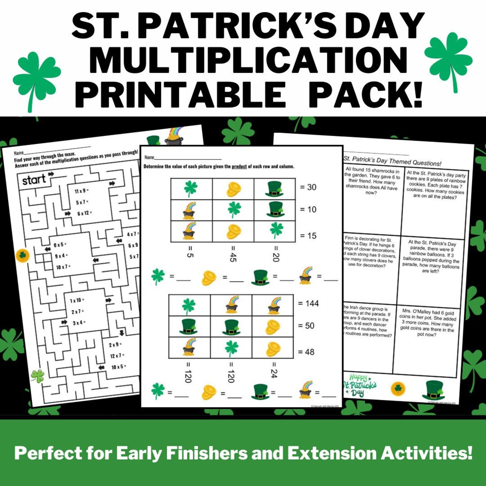 St. Patrick's Day Multiplication Math Fact Pack No Prep Activity Pack ...