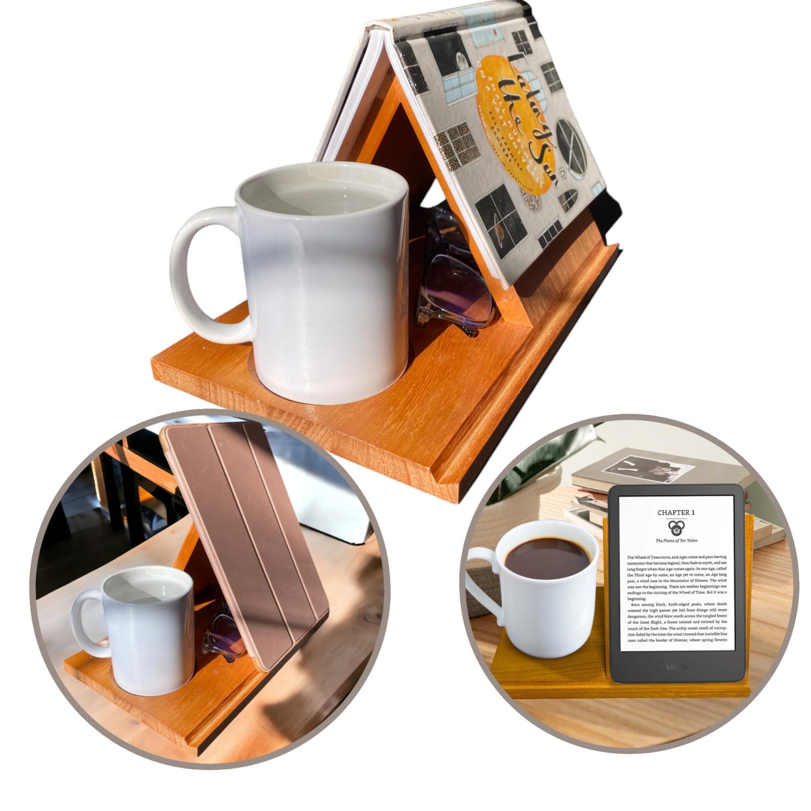 Wooden Book Holder With Cup Holder and Tablet Slot – Reading Stand for ...