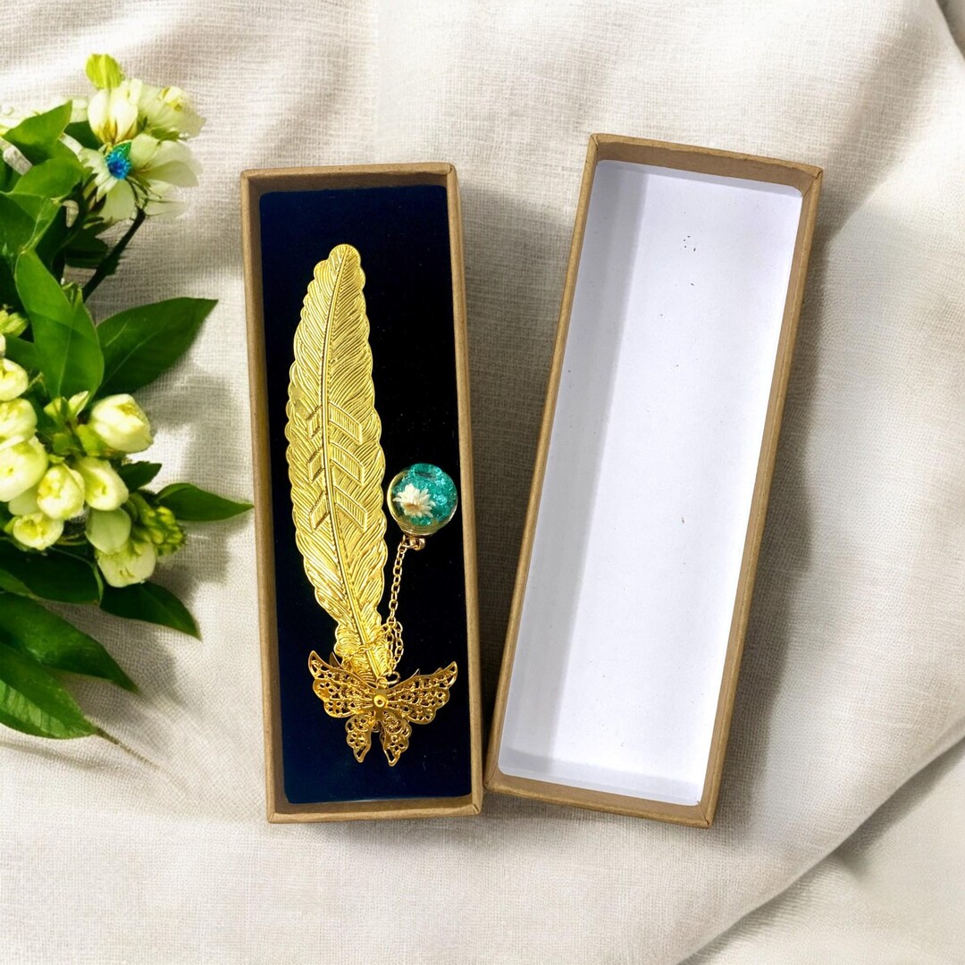 Gold Feather Bookmark With Butterfly Charm & Flower Bead – Best Seller ...