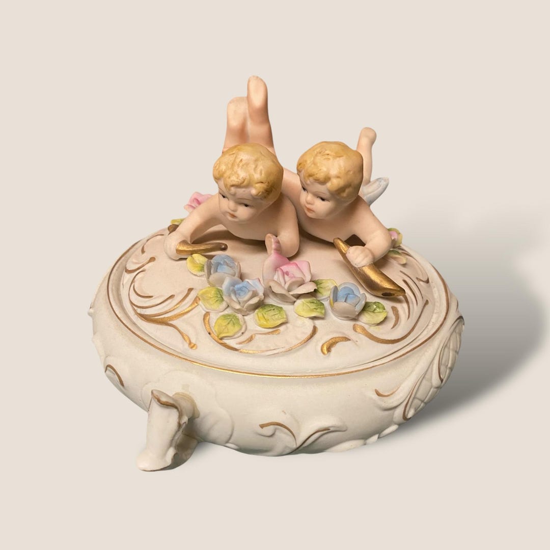 Ardco Cherub Trinket Box With Lid Footed Hand-painted Vintage Japan Mid ...