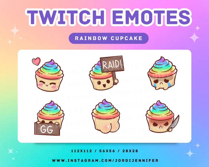 Cute Kawaii Rainbow Cupcake Emote for Stream 6-pack - Twitch, Discord ...