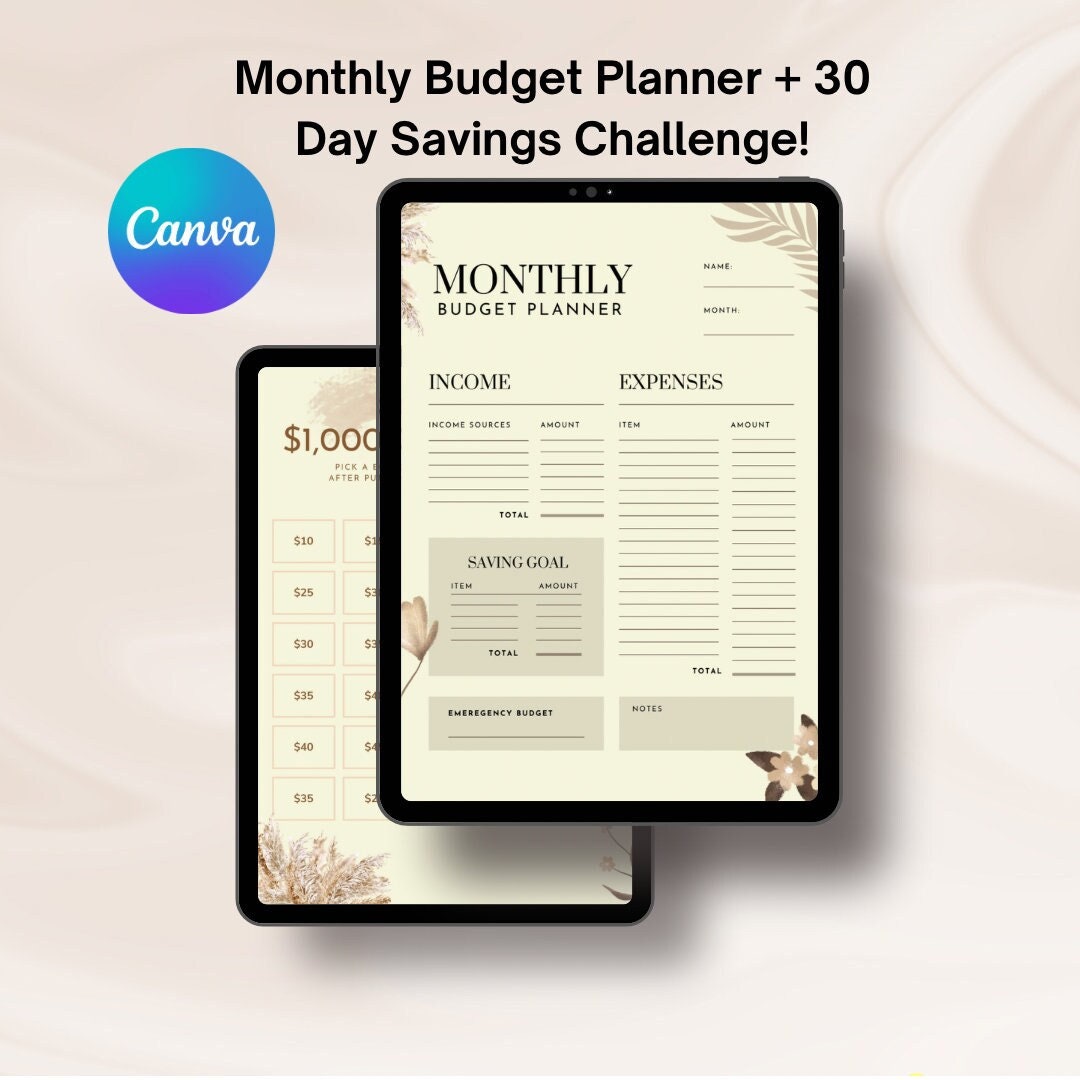 Monthly Budget Planner 30 Day Savings Challenge Expense Tracker Digital ...