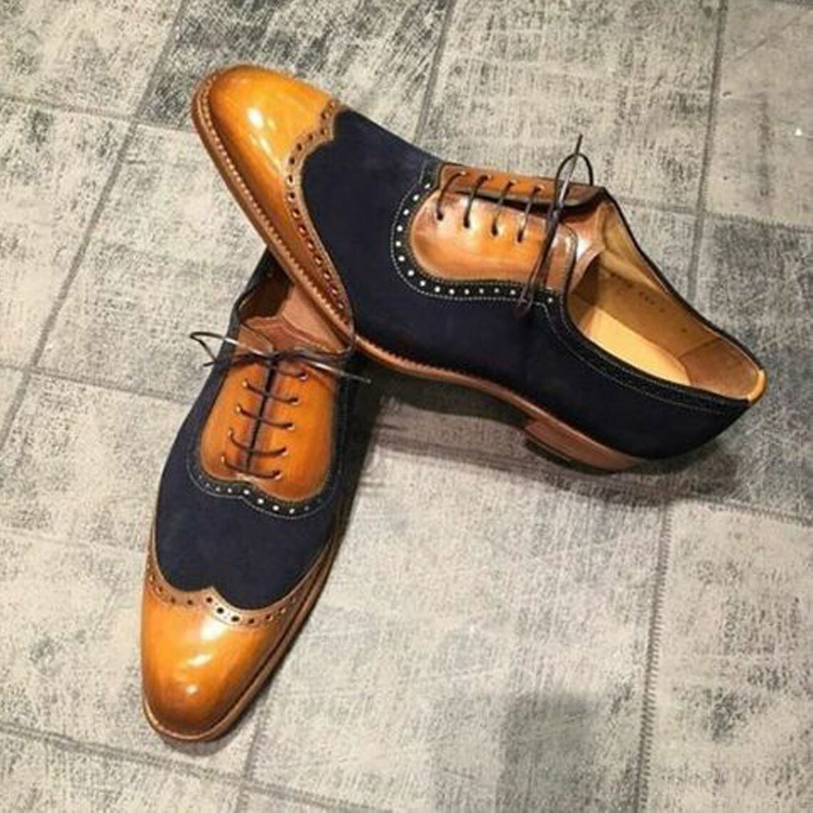Tailor Made Handmade Bespoke Two Tone Leather & Suede Wingtip Lace up ...