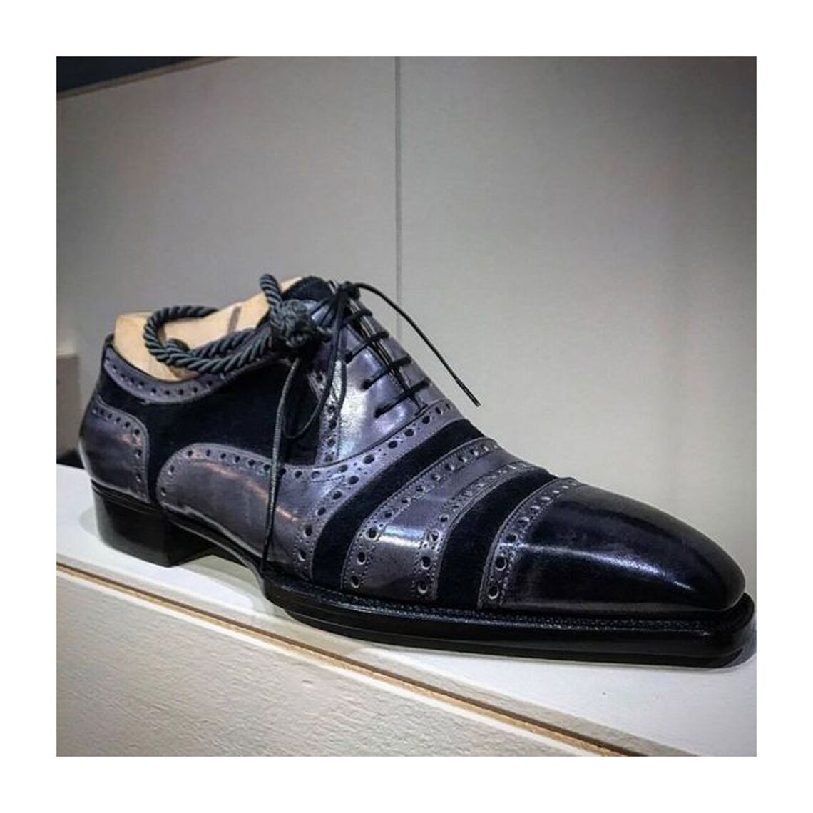 Handmade Goodyear Welted Shoes, Handstitched Gray Leather and Blue ...