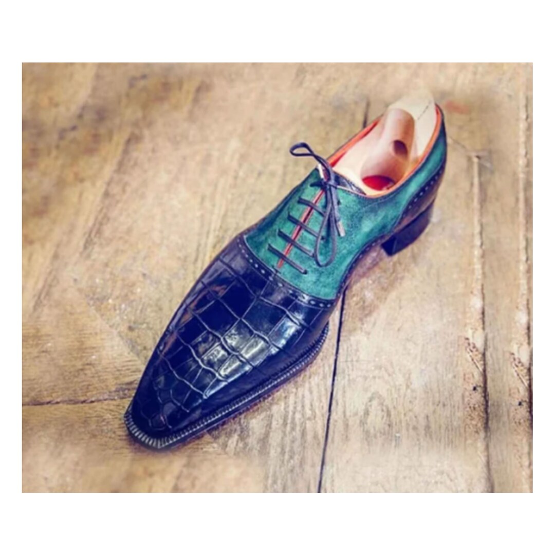 Handmade Goodyear Welted Hand Stitched Blue Crocodile Texture Leather ...