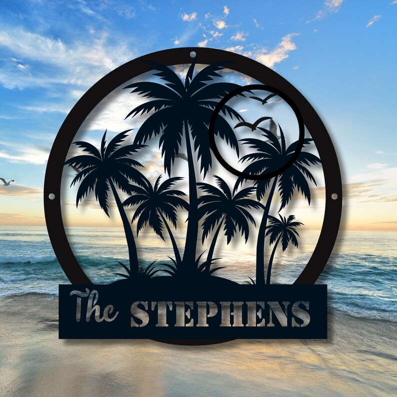 Custom Family Name Palm Tree Metal, Personalized Metal Name Beach Sign ...