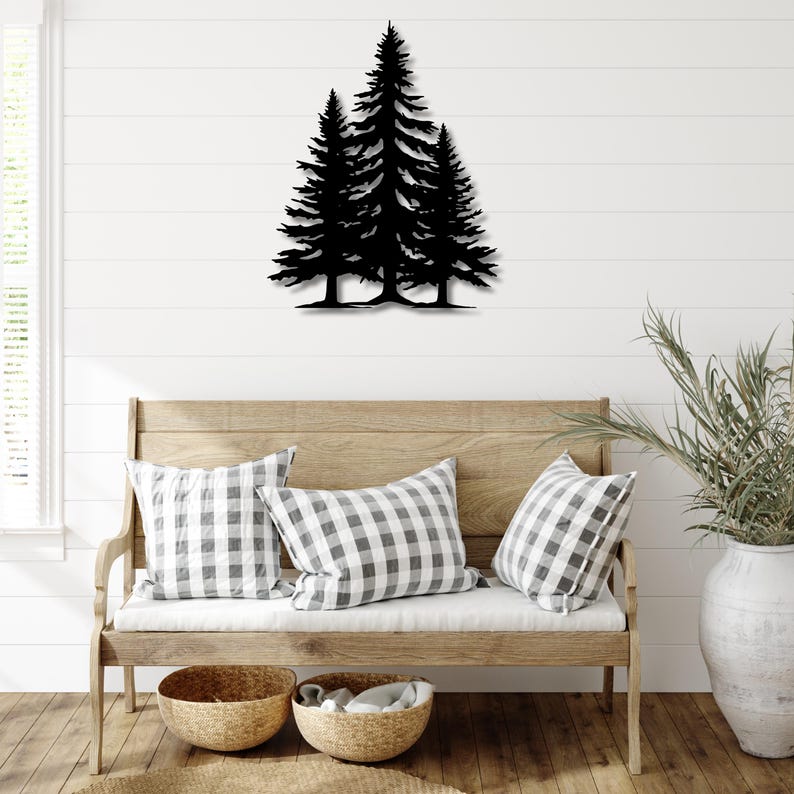 Pine Tree Metal Wall Art, Cedar Tree Metal Sign, Three Pine Tree Metal ...
