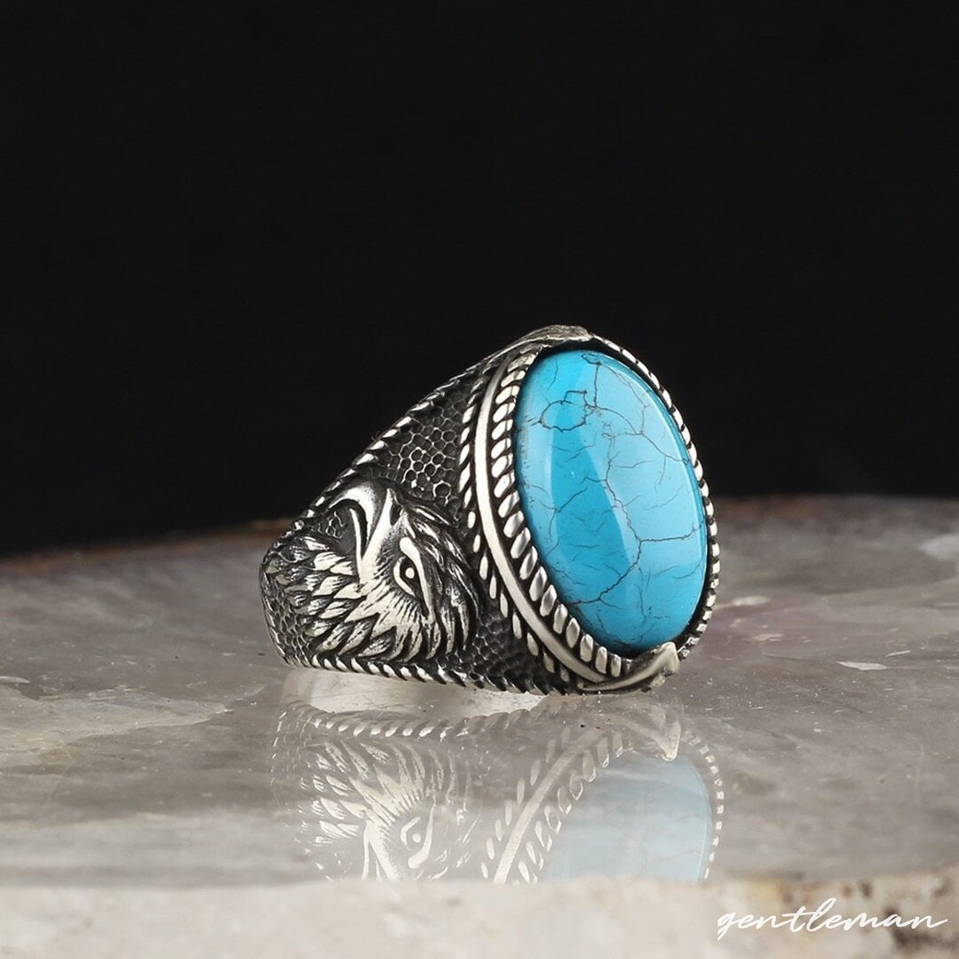 Turquoise Eagle Ring Men Thumb Ring Large Stone Ring - Etsy