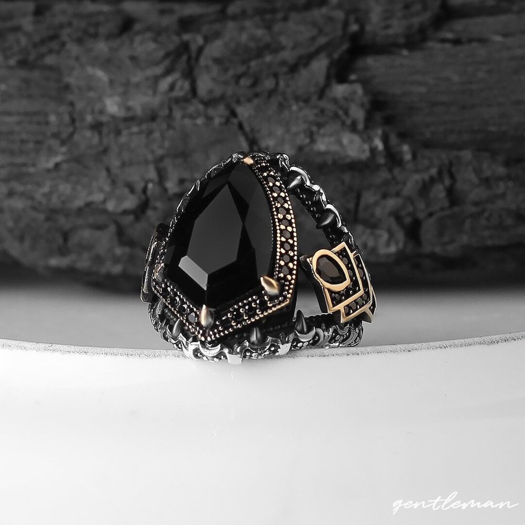 Large Black Stone Men Ring, Men's Silver Jewelry, Men Thumb Ring ...