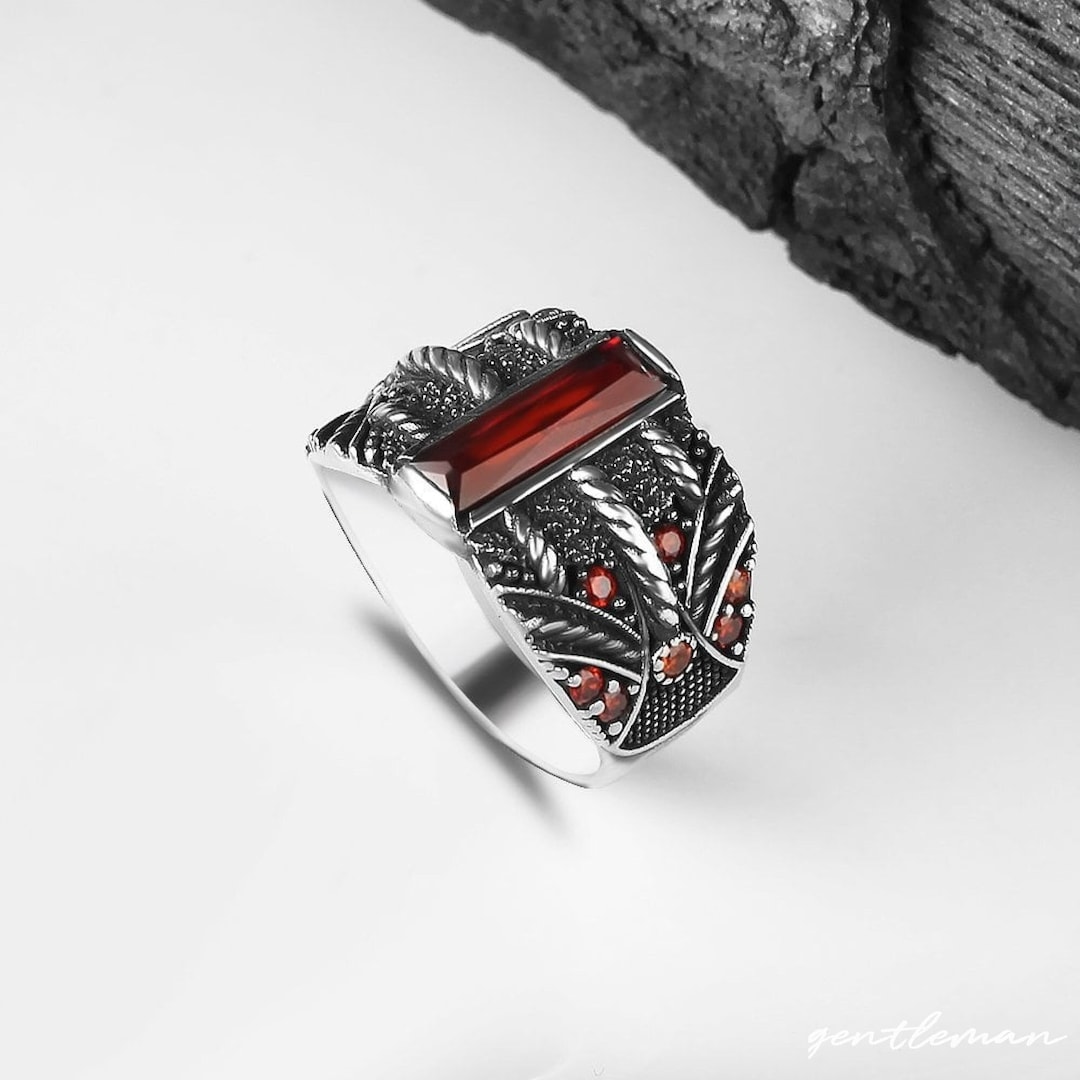 Men Red Stone Wide Band Ring Vintage Wedding Band Men - Etsy