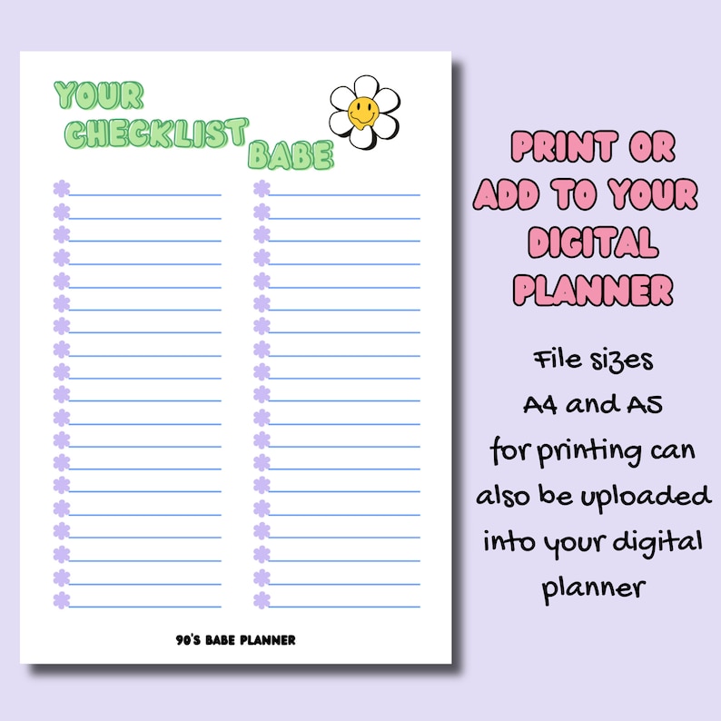 Digital Checklist Planner Insert, 90's Themed, Sizes A4 and A5, Digital ...