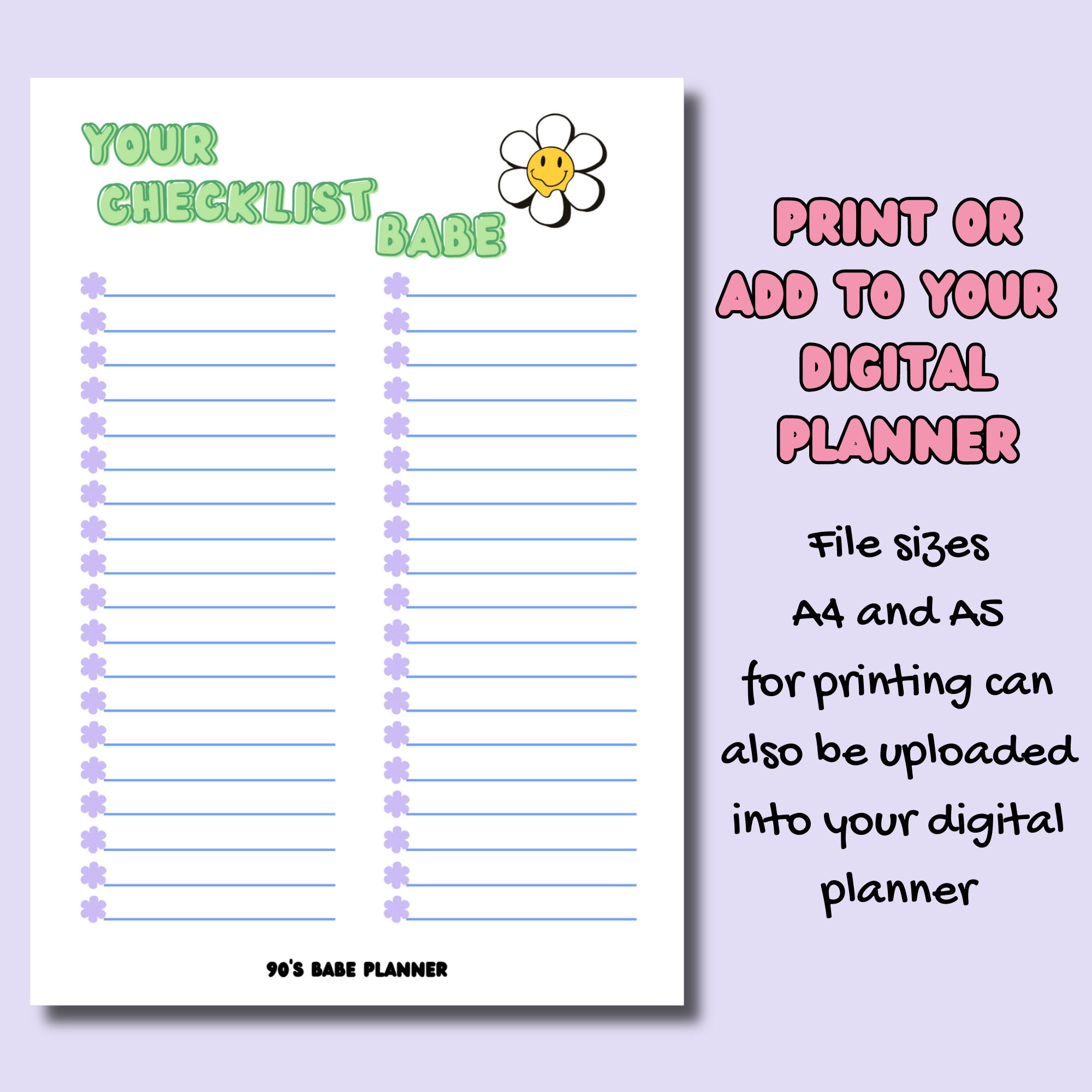 Digital Checklist Planner Insert, 90's Themed, Sizes A4 and A5, Digital ...