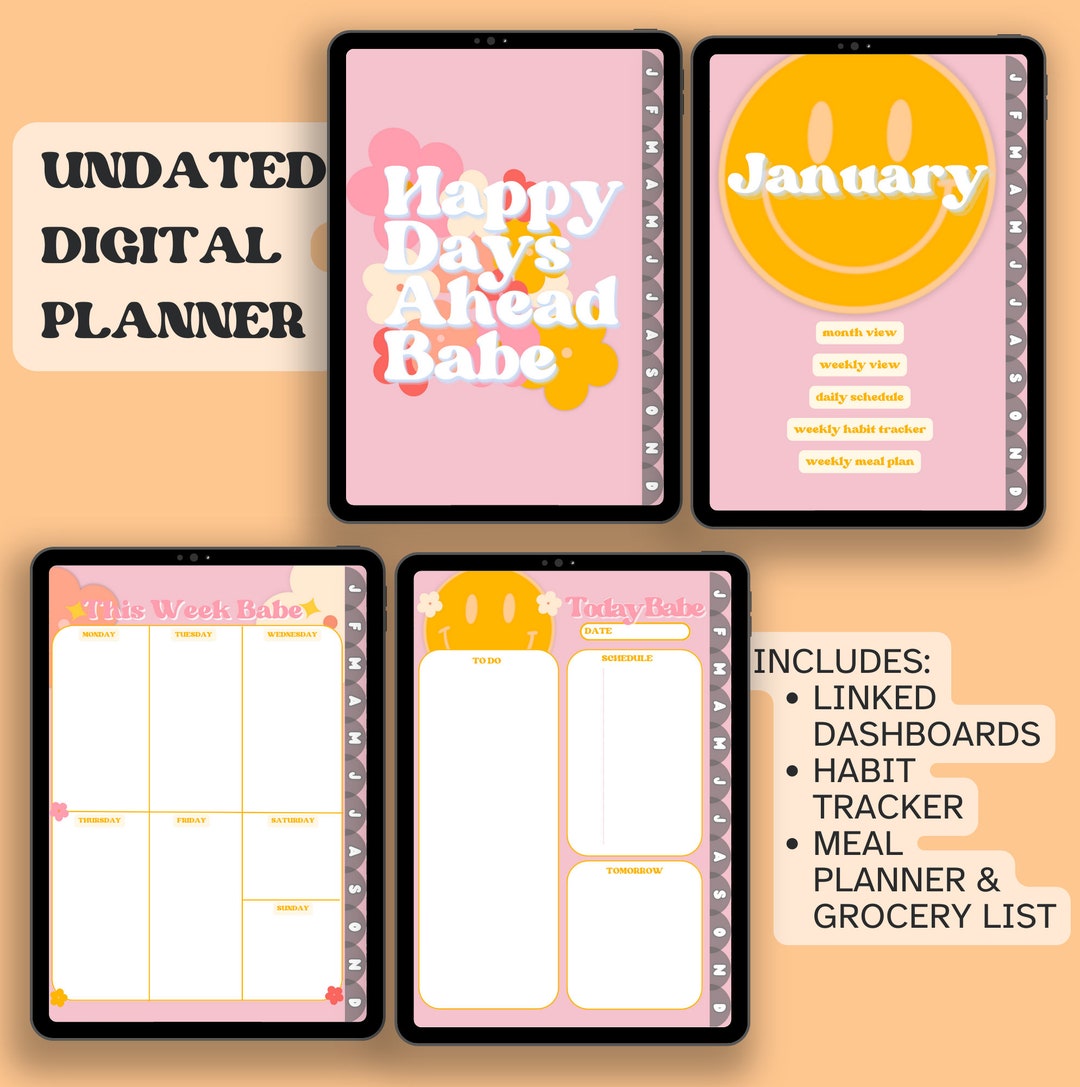 Digital Planner With Habit Tracker and Meal Planner, Undated 90s Smiley ...