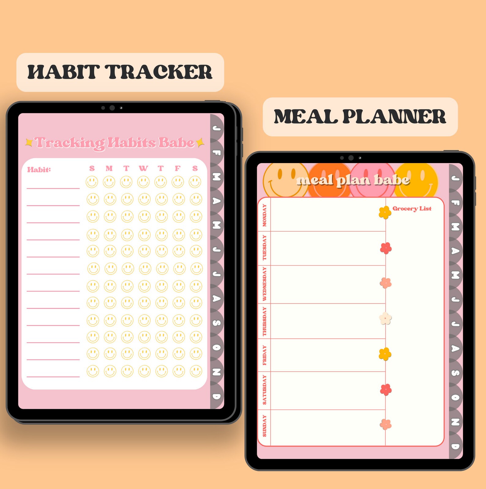 Digital Planner With Habit Tracker and Meal Planner, Undated 90s Smiley ...
