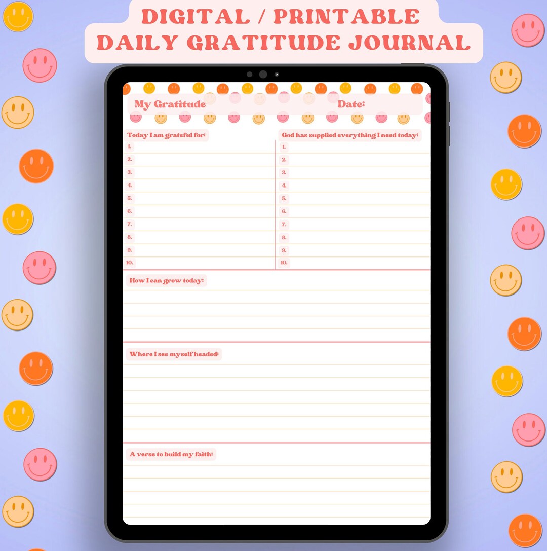 Digital Christian Gratitude Journal Page, 90s Nostalgia Smiley Face ...