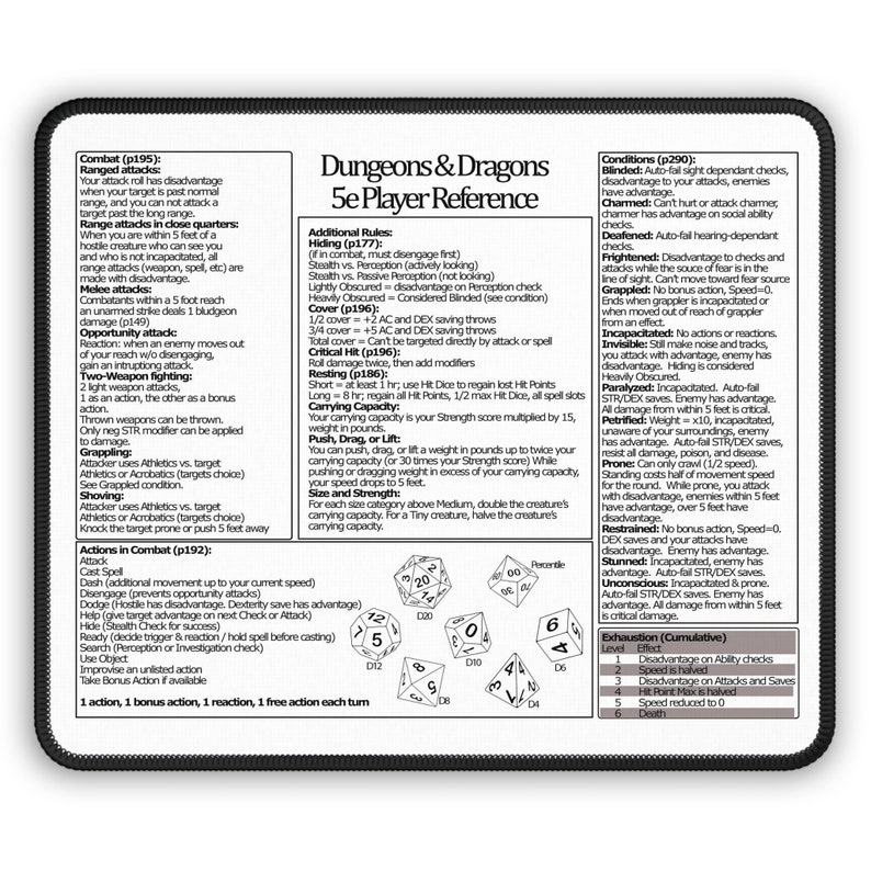 Dnd 5e Player Cheat Sheet Gaming Mouse Pad RPG Dnd Gaming Player Aid - Etsy