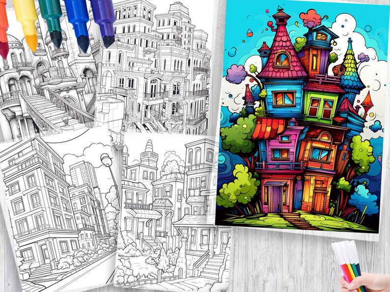 280 Real Estate Coloring Pages, Detailed Houses & Architecture Perfect ...