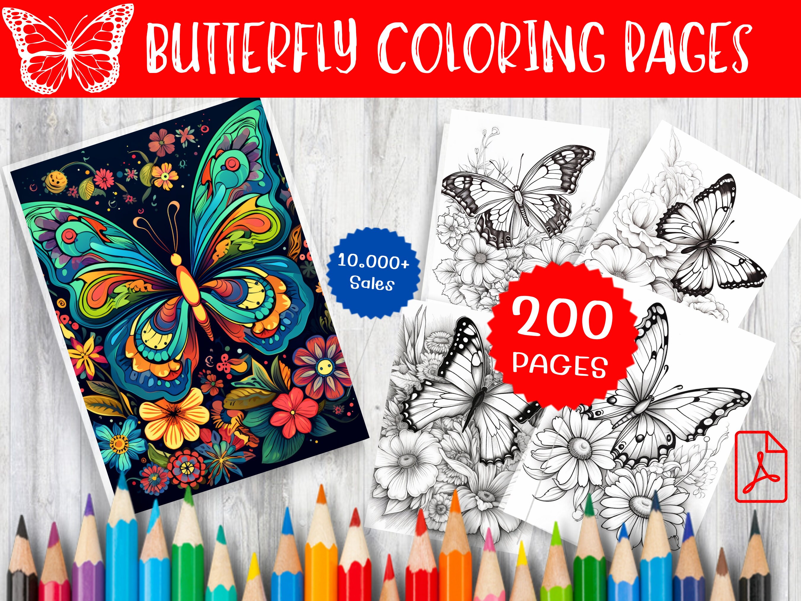 200 Butterfly Coloring Pages for Relaxation and Creativity Instant ...