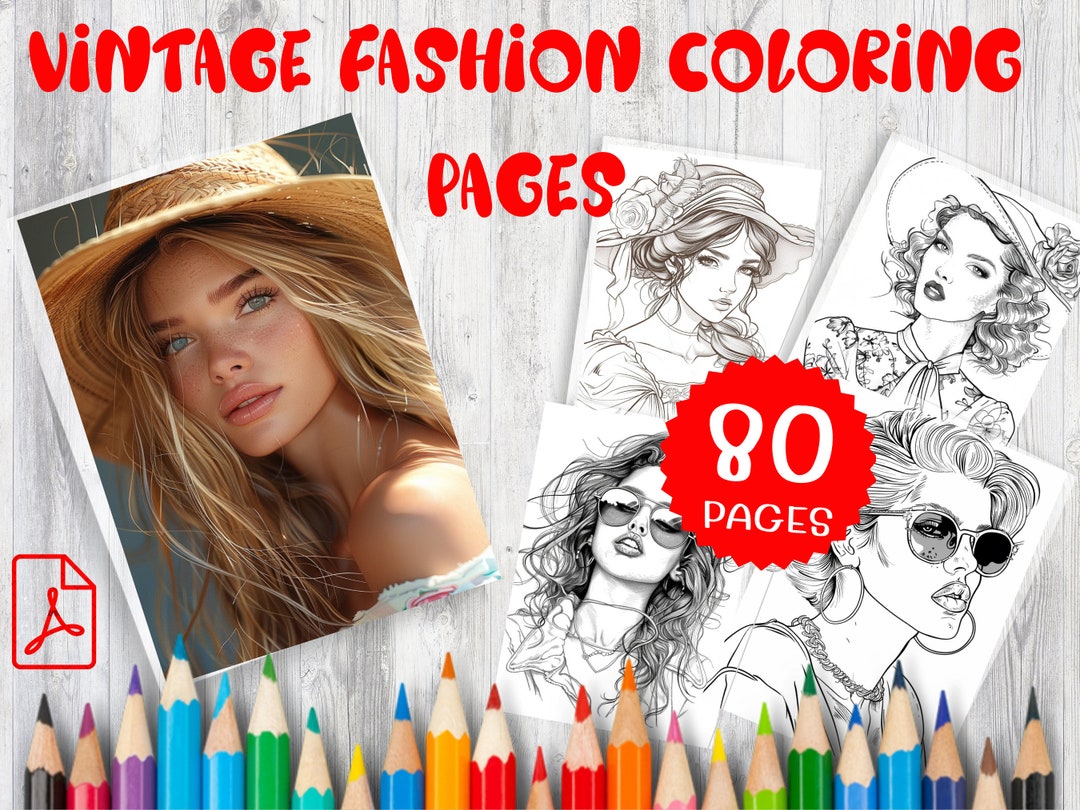 80 Vintage Fashion Coloring Pages, Retro Glamour Outfits, Classic ...