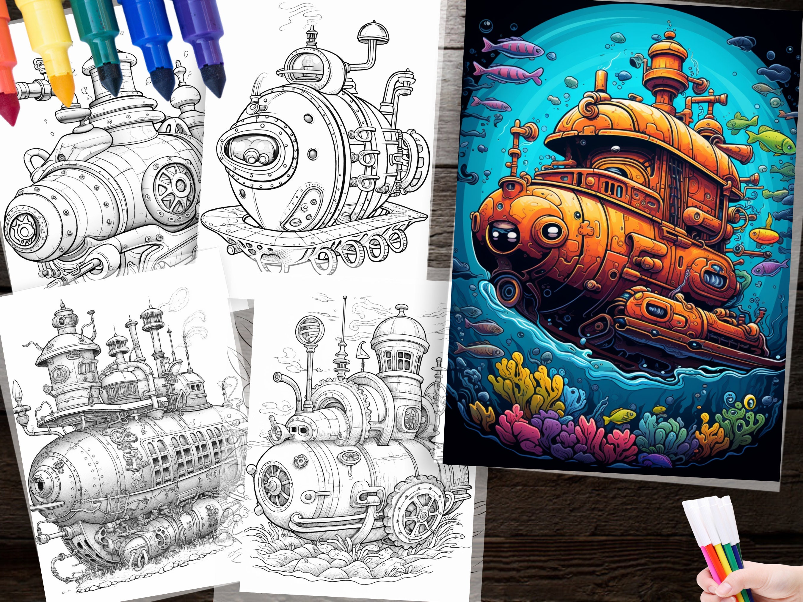 150 Steampunk Submarine Coloring Page - Underwater Adventure Printable ...