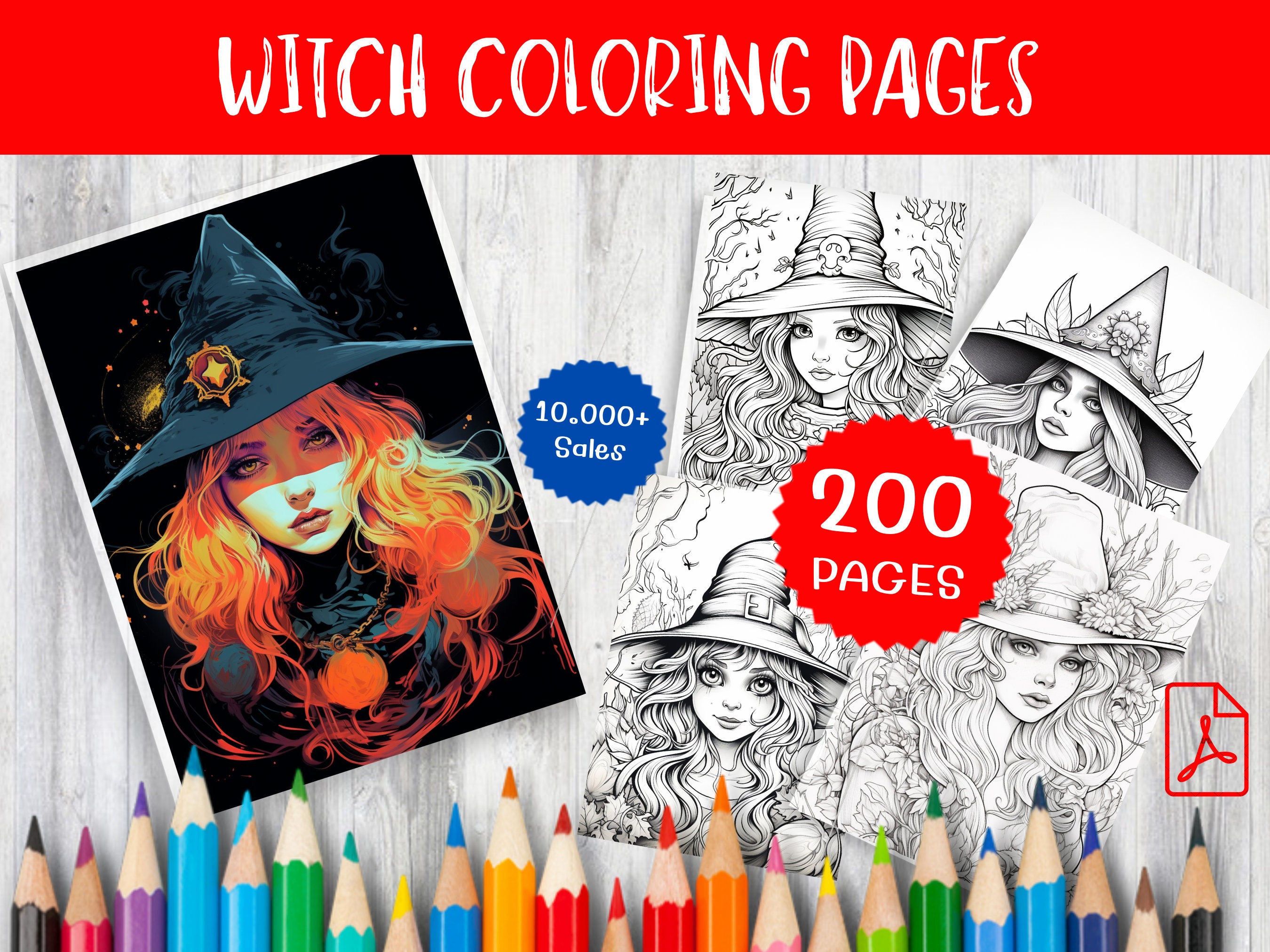 200 Witch Coloring Page for Adults and Kids Printable Halloween Art ...