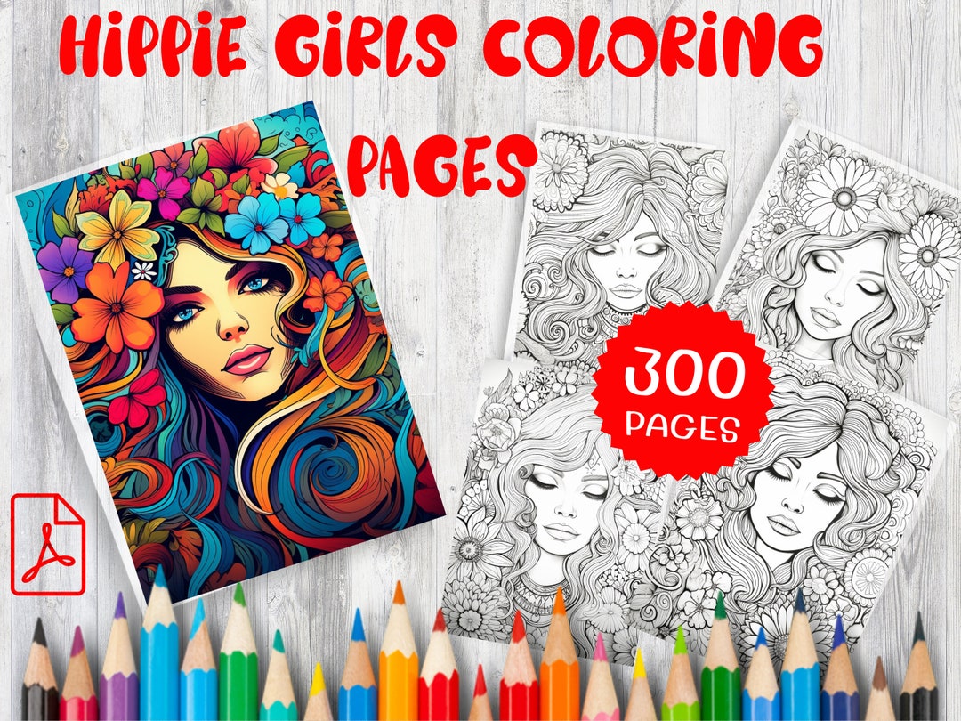 300 Hippie Girls Coloring Pages, Bohemian Art for Kids & Adults ...