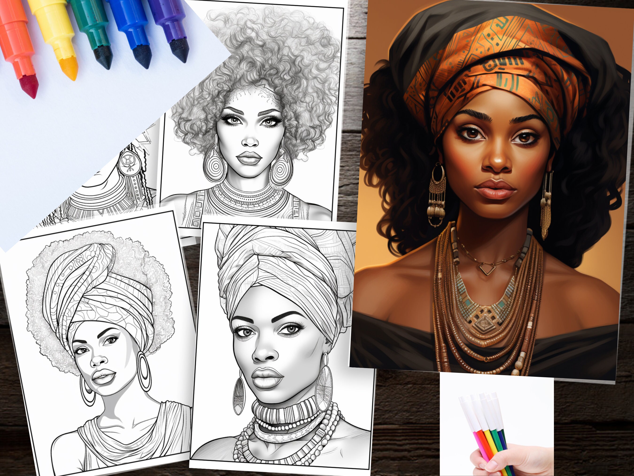 100 Fantasy African Black Girl Coloring Book, Printable PDF, Grayscale ...