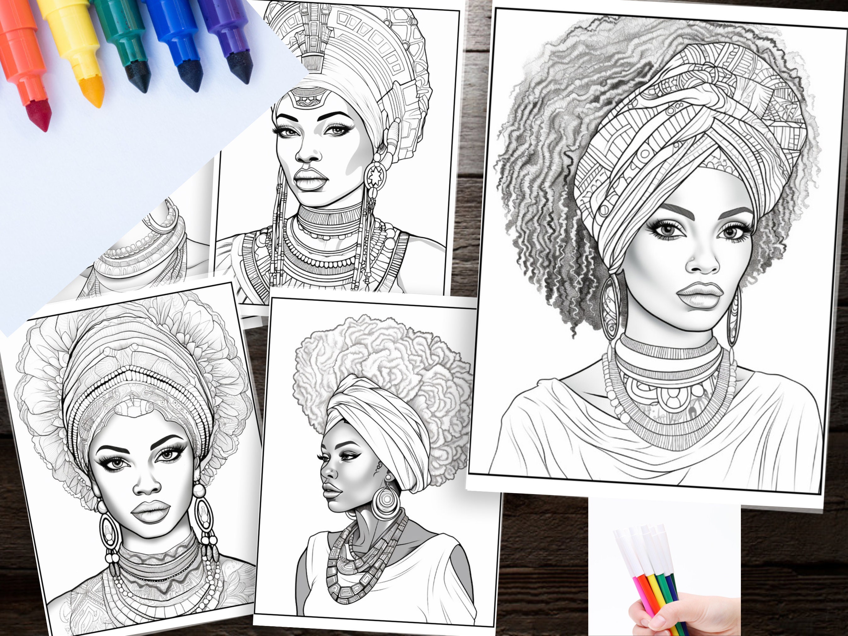 100 Fantasy African Black Girl Coloring Book, Printable PDF, Grayscale ...