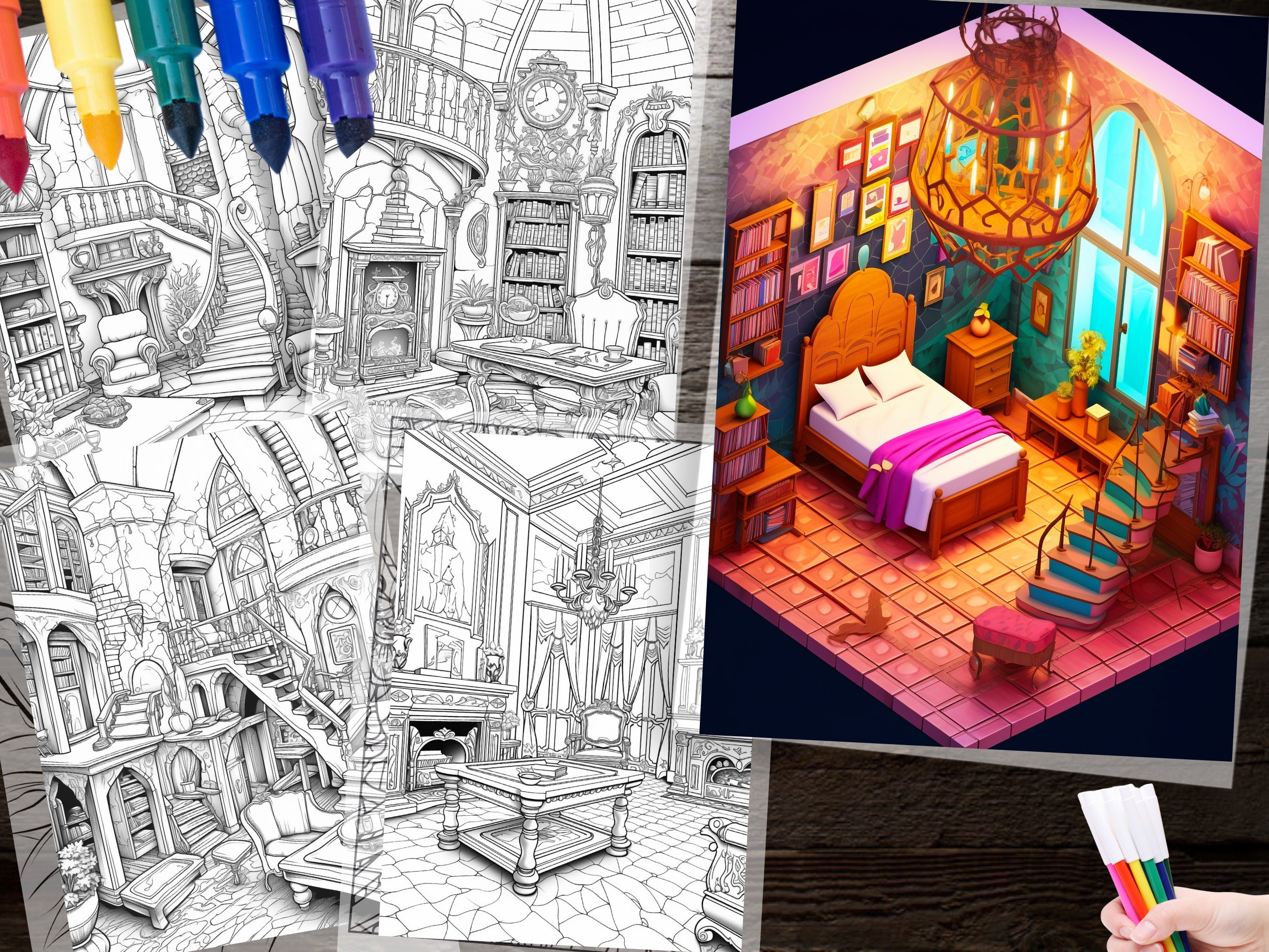 150 Fantasy Isometric Room Coloring Page for Creative Minds Printable ...