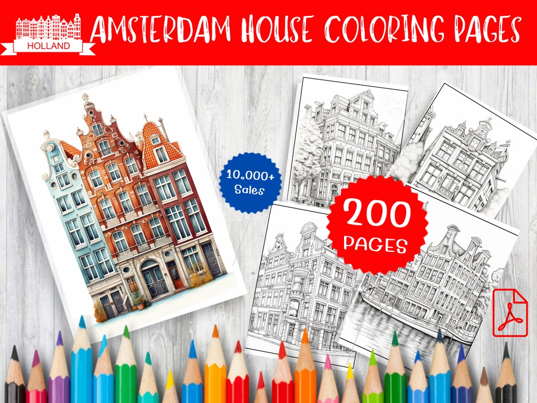 Amsterdam House Coloring Pages, Dutch Architecture Scenes (digital ...