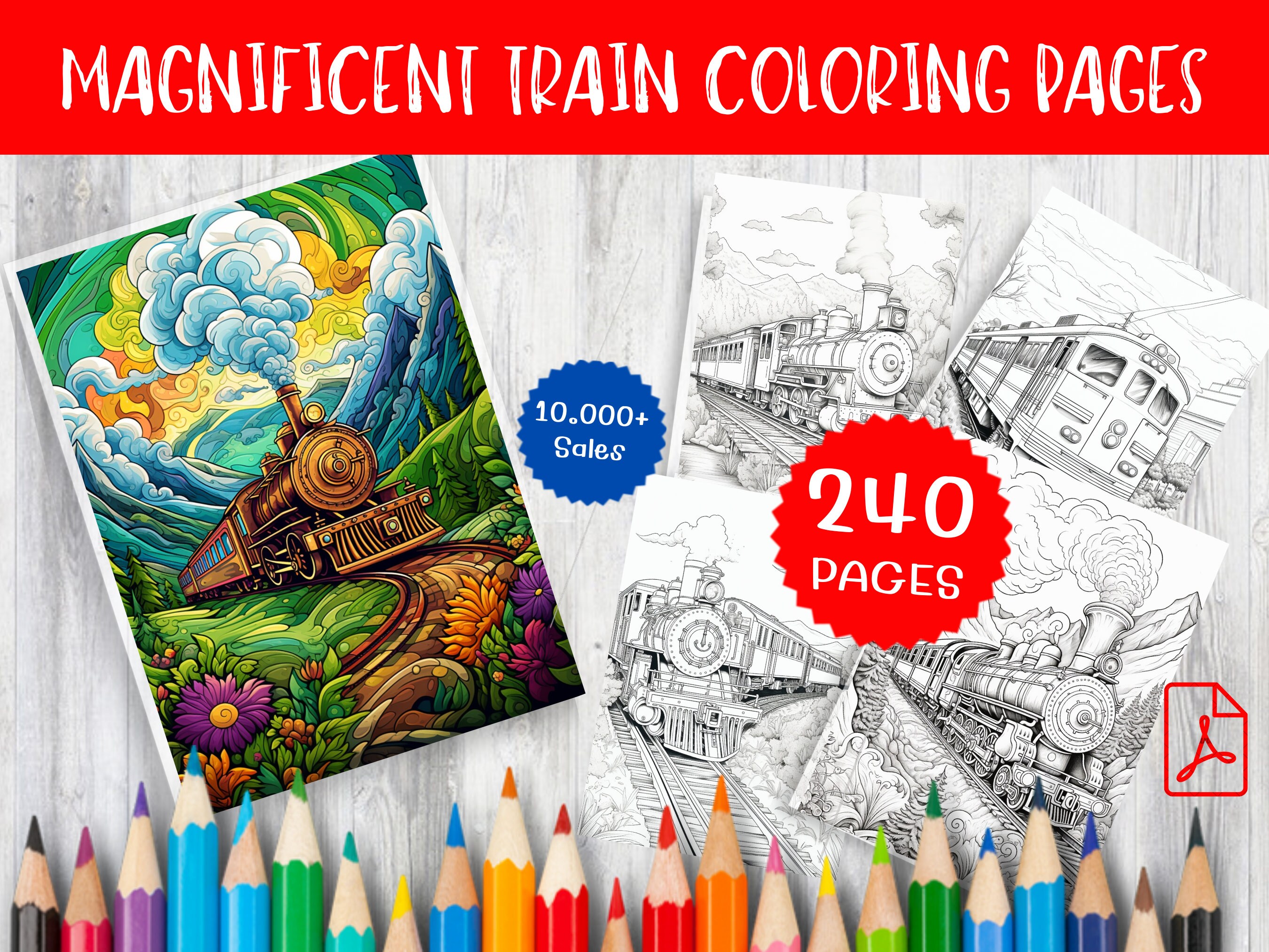 240 Magical Train Coloring Page for Kids and Adults Instant Download ...