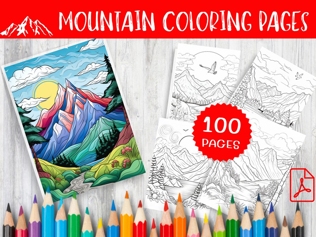 100 Mountain Scenes Coloring Pages Set for Relaxation and Creativity ...