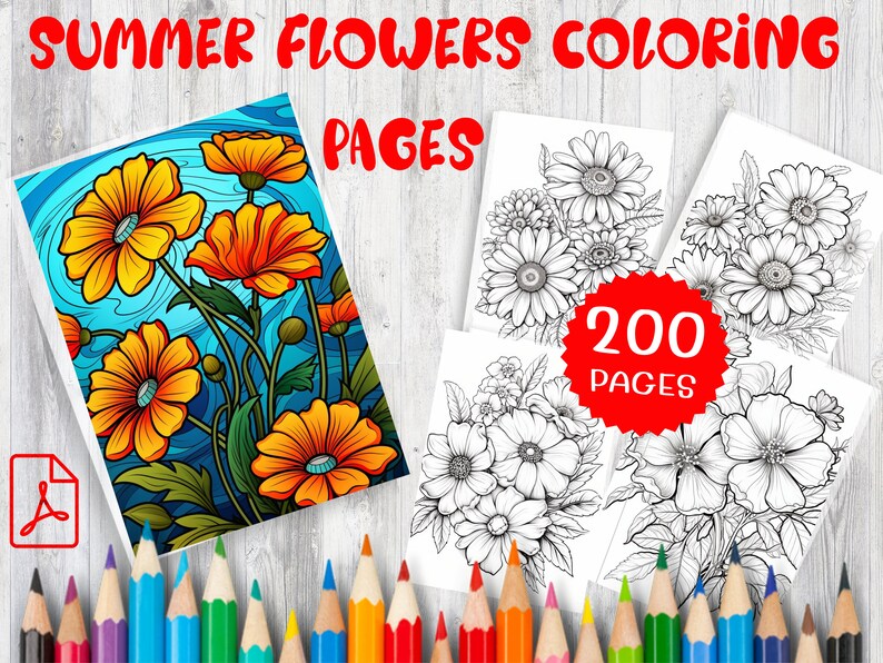 200 Summer Flowers Coloring Pages, Beautiful Blossoms, Relaxing Adult ...